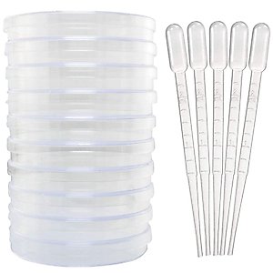 MEETOOT 10pcs Disposable Plastic Petri Dish 90x15mm with 5 2ml Thickened Plastic Transfer Pipettes for School Science Fair Project and Party