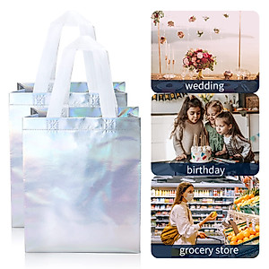 ISUSSER 24 Pack Holographic Gift Bags With White Handles Non Woven Reusable Handled Gift Bags Iridescent Tote Bags Glossy Welcome Bags for Shopping Birthday Party Wedding, 8 x 4 x 10 Inch