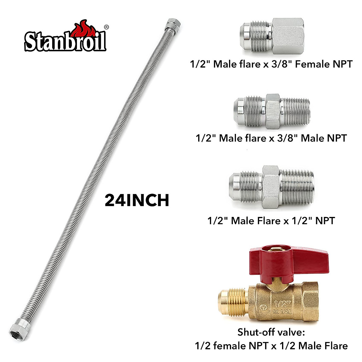 Stanbroil One Stop Gas Appliance Hook Up Kit - Brass Gas Ball Valve and Flexible Gas Connector with Fittings for Garage Heaters, Gas Stoves, Wall Mounted Heaters, Gas Fireplace and Gas Dryer