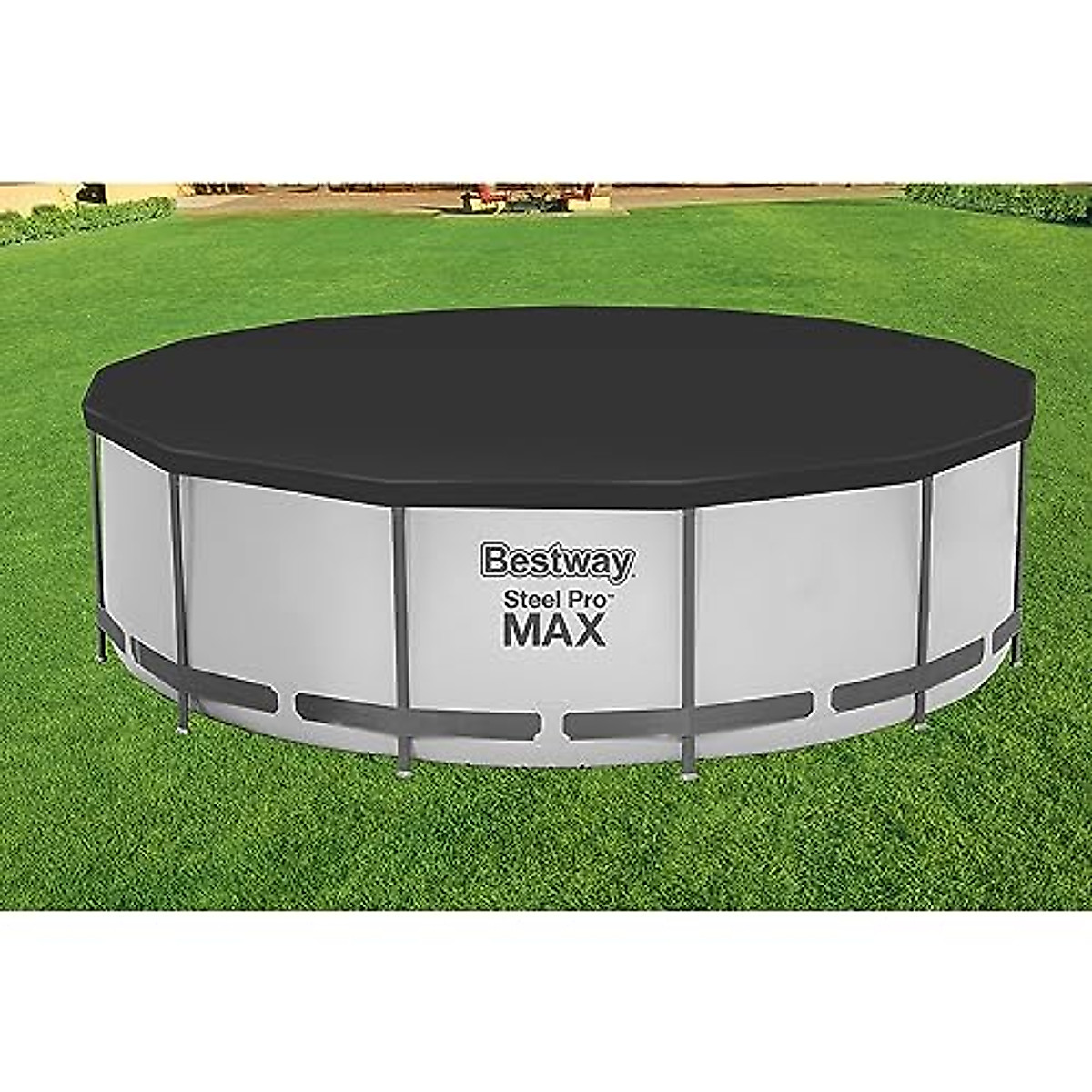 Bestway Flowclear PVC Round 12 Foot Pool Cover for Above Ground Frame Pools with Drain Holes and Secure Tie-Down Ropes, Black (Cover Only)
