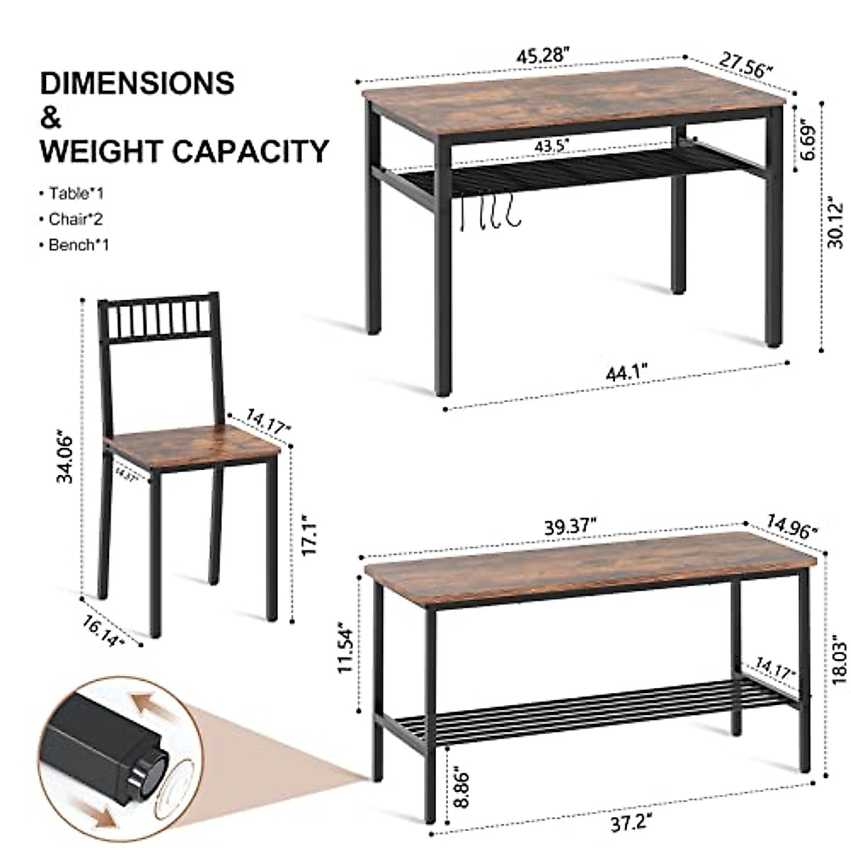Bigbiglife Dining Table Set for 4, Kitchen Table with 2 Chairs and 1 Bench, Dining Table Set with 2 Storage Racks and 4 S-Hooks, Industrial Design for Small Space Home Kitchen, Rustic Brown