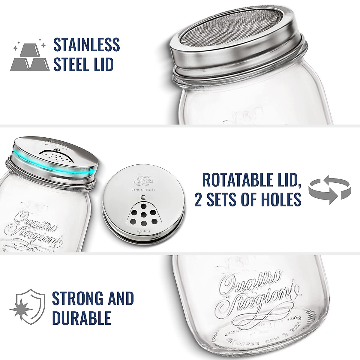 Bormioli Rocco Quattro Stagioni Variety Pack, Set Of 3 Mason Jars - Salt And Spice Shaker - Grater - Sifter, Strainers, Sieve - 8.5 Oz. Durable Glass, Stainless Steel Lid, Made In Italy.