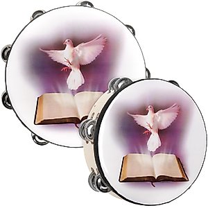 Elsjoy Set of 2 Tambourine, 10" and 8" Dove and Bible Church Tambourine with Double Row Jingle, Wooden Handbell Hand Clap Drum Percussion Instrument