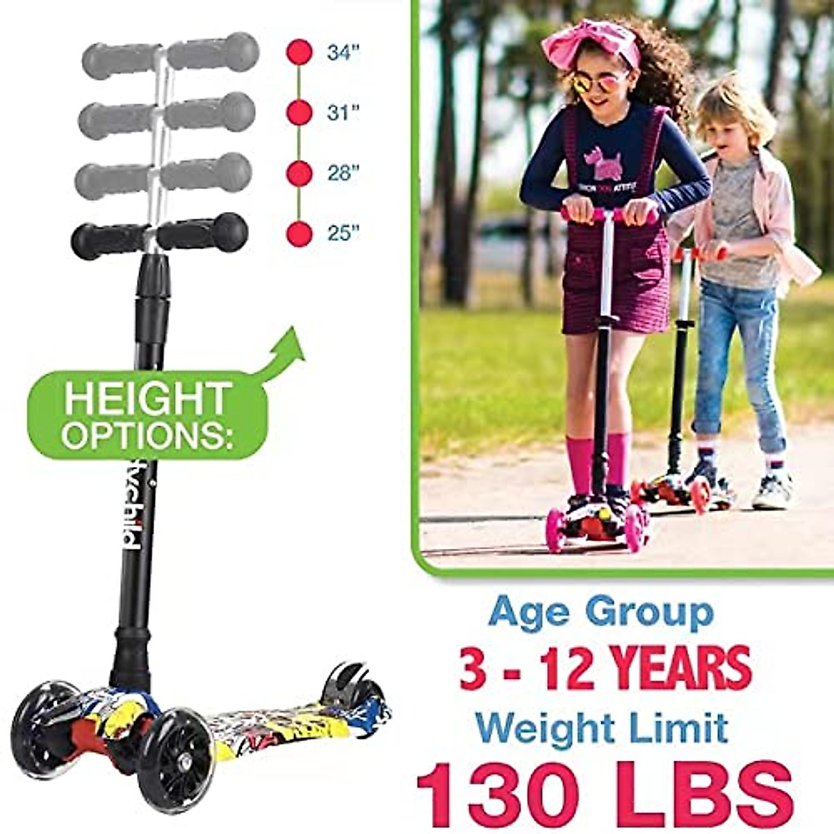 Scooters for Kids 3 Wheel Kick Scooter for Toddlers Girls & Boys, 4 Adjustable Height, Lean to Steer, Extra-Wide Deck, Light Up Wheels for Children from 3 to 14 Years Old (Pop Graffiti 2)