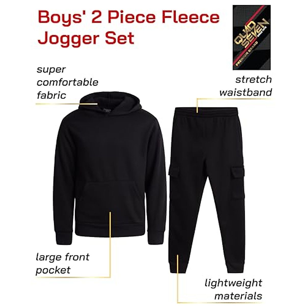Quad Seven Boys' Fleece Jogger Set - 2 Piece Basic Solid Pullover Hoodie and Cargo Pocket Sweatpants (Size: 8-18), Size 8-10, Black