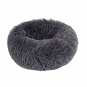 otoez Kitten Puppy Anti-Anxiety Plush Pet Calming Donut Bed With Non-Slip Waterproof Bottom, Washable Small Round Dog Cat Bed (19.7", Dark Grey)