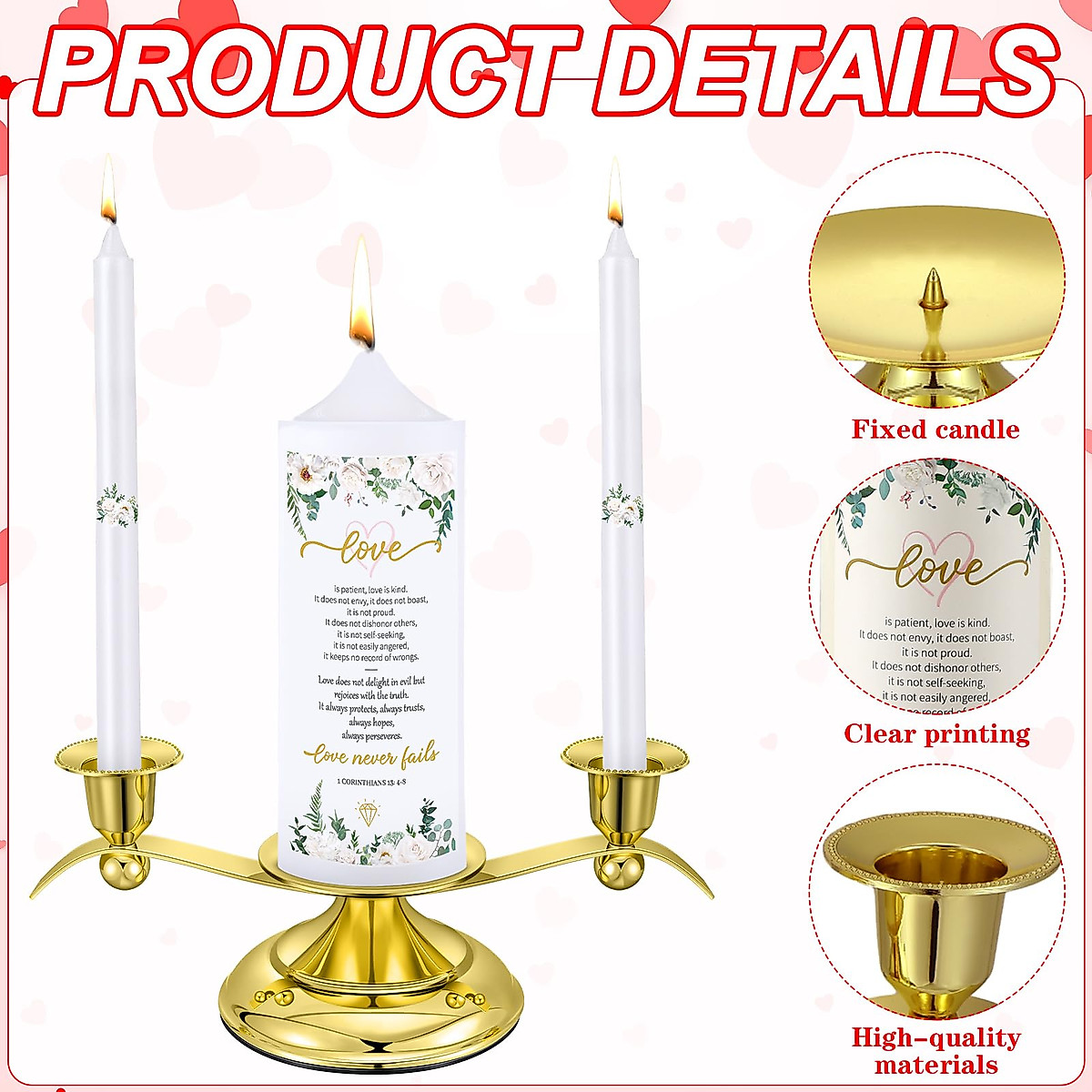 Landhoow 3 Unity Floral Candles for Wedding Ceremony Set with Golden Candle Holder White Pillar and Taper Candles Religious Wedding Catholic Anniversary Big Events Gifts for Couple