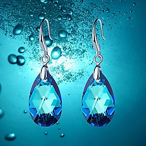 Austrian Crystal Teardrop Dangle Hook Earrings for Women 14K Gold Plated Hypoallergenic Jewelry (Bermuda Blue)