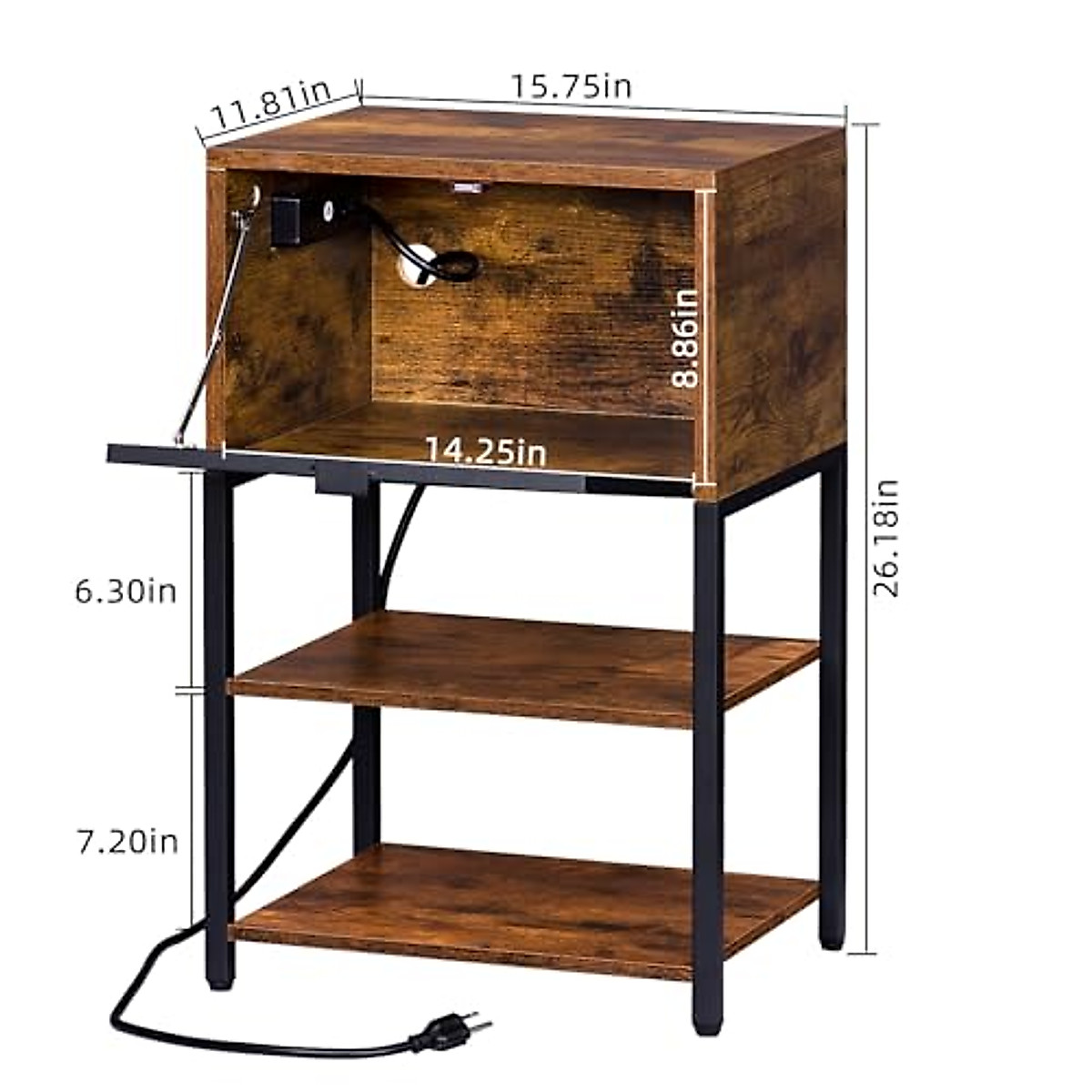 LEBOAHOUS Nightstand with Charging Station and USB Port, 3 Tier Industrial Night Stand, Bedside Table with Flip Storage Drawer and Open Shelf, End Side Table for Bedroom, Office, Dorm 26.2''H (Brown)