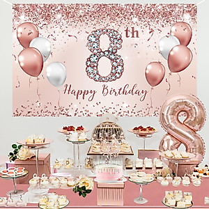 Trgowaul 8th Birthday Decorations Party Set for girls, Rose Gold 8 Birthday Banner and Tablecloth, 8 & Fabulous Sash and Tiara, 1PC Happy 8th Birthday Cake Topper, Pink Gold 8 Number Balloons