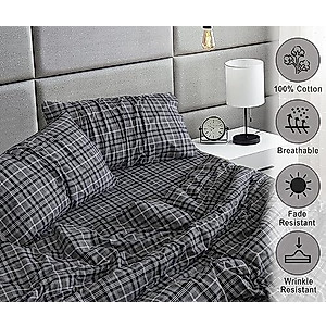 RUVANTI Flannel Sheets Twin Size - 100% Cotton Brushed Flannel Bed Sheet Sets - Deep Pockets 16 Inches (fits up to 18") - All Seasons Breathable & Super Soft - Warm & Cozy - 3 Pcs - Grey Plaid