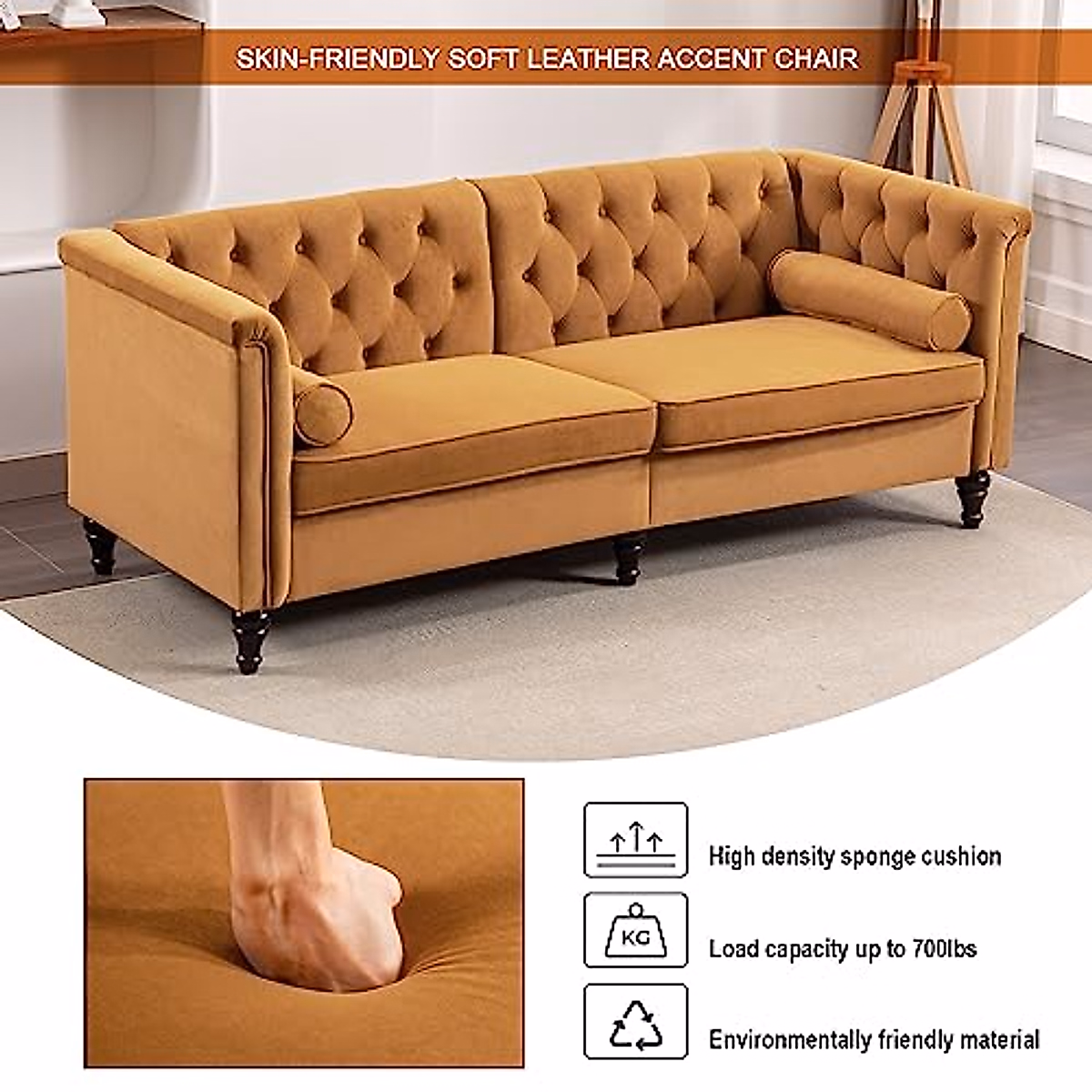 TTGIEET 76'' W Velvet Sofa Mid-Century Modern Love Seats, 3 Seater Sofa Couch with Two Bolster Pillows, Tufted futon Sofa Furniture for Living Room Bedroom Office （Ginger）