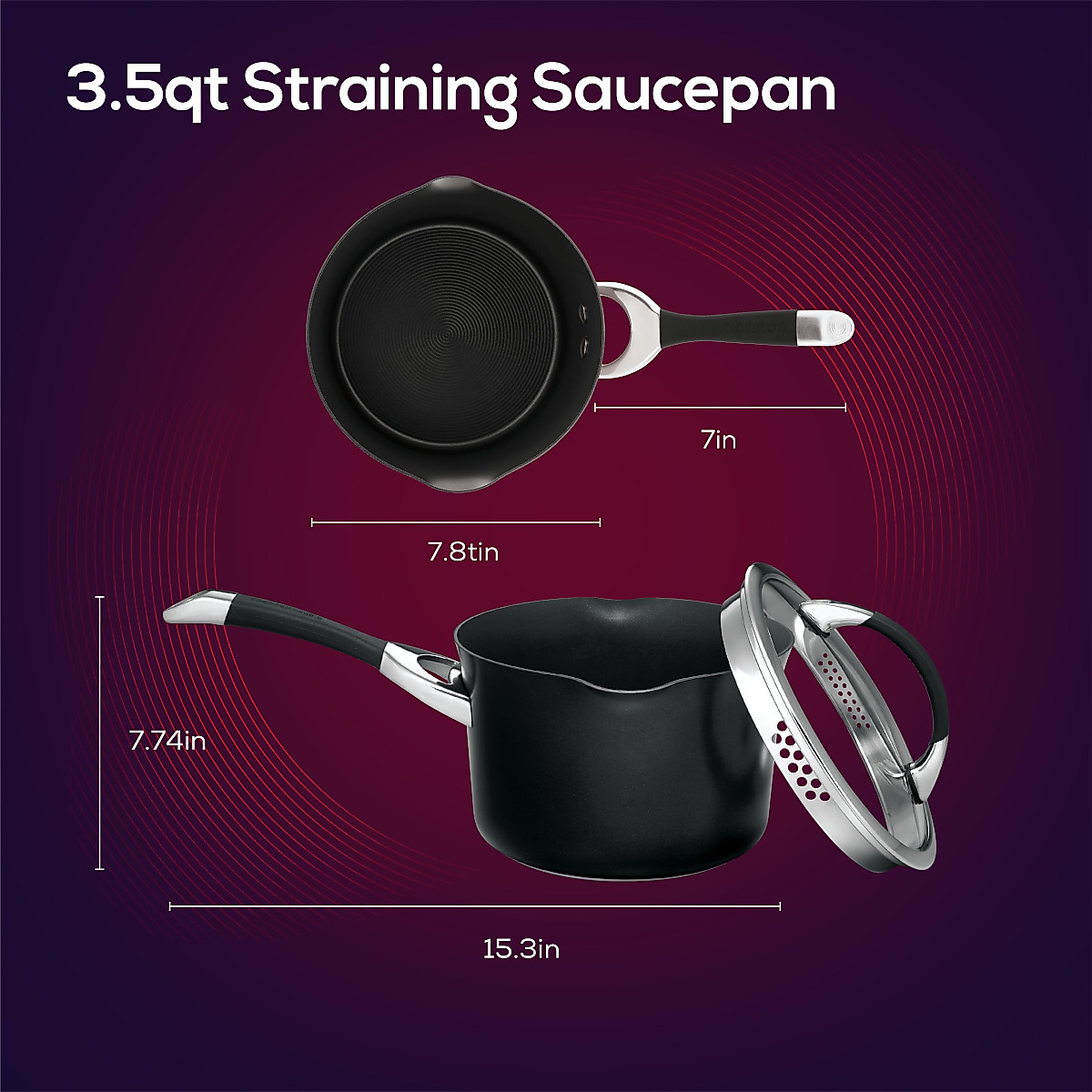 Circulon - 83483 Circulon Symmetry Hard Anodized Nonstick Sauce Pan/Saucepan with Straining and Lid, 3.5 Quart, Black