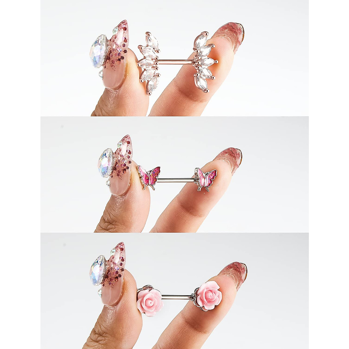 Msndnkwo Nipple Rings for Women Nipple Piercing Jewelry 14G Surgical steel Cubic zircon 14mm Silver/Pink/Purple/Rose Gold 8 Pairs Barbell Body Piercing Jewelry