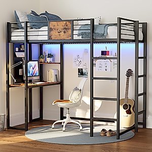 LIKIMIO Twin Metal Loft Bed with Desk and Shelves for Teens Adult, Loft Bed Frame with 2 Built-in Ladders, Power Outlet and LED Lighted, Space-Saving, Safety Guard & Ladder, Noise Free, Black