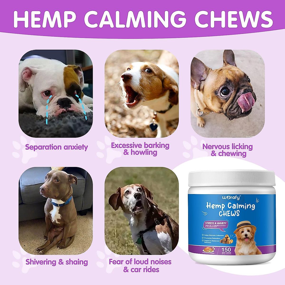 Hemp Calming Chews for Dogs, 150 Soft Dog Calming Treats, Dog Calming Treats with Hemp Oil, Dog Anxiety Relief, Storms, Separation, Barking, Stress Relief for All Breeds & Sizes - Chicken Flavored