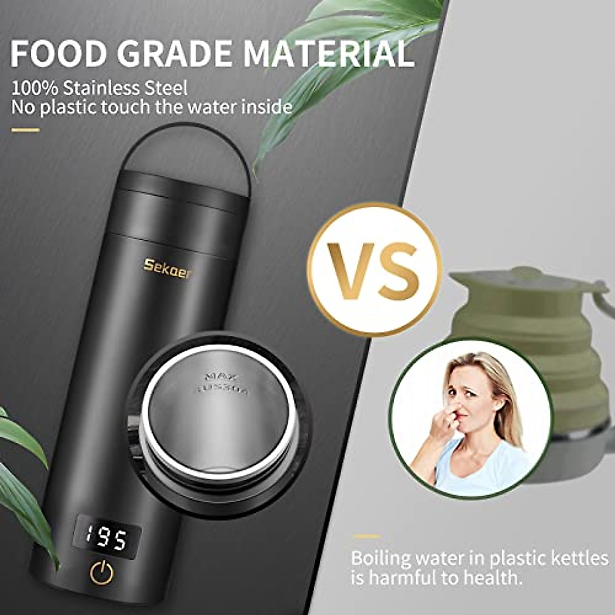 Travel Electric Tea Kettle Portable Small Mini Coffee Kettle, with 4 Variable Presets, Personal Hot Water Boiler 304 Stainless Steel with Auto Shut-Off & Boil Dry Protection, BPA-Free Black