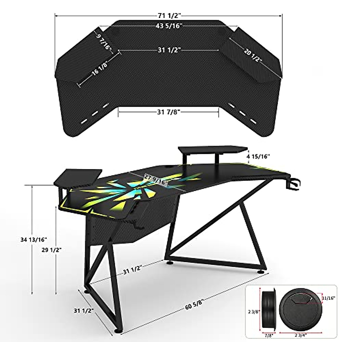 JWX Gaming Desk with Removable Speaker Stand, 72'' Large Studio Wing-Shaped Gaming Desk with Headphone Stand, Cup Holder for Live Streamer, Social Media Influencers & Music Recording