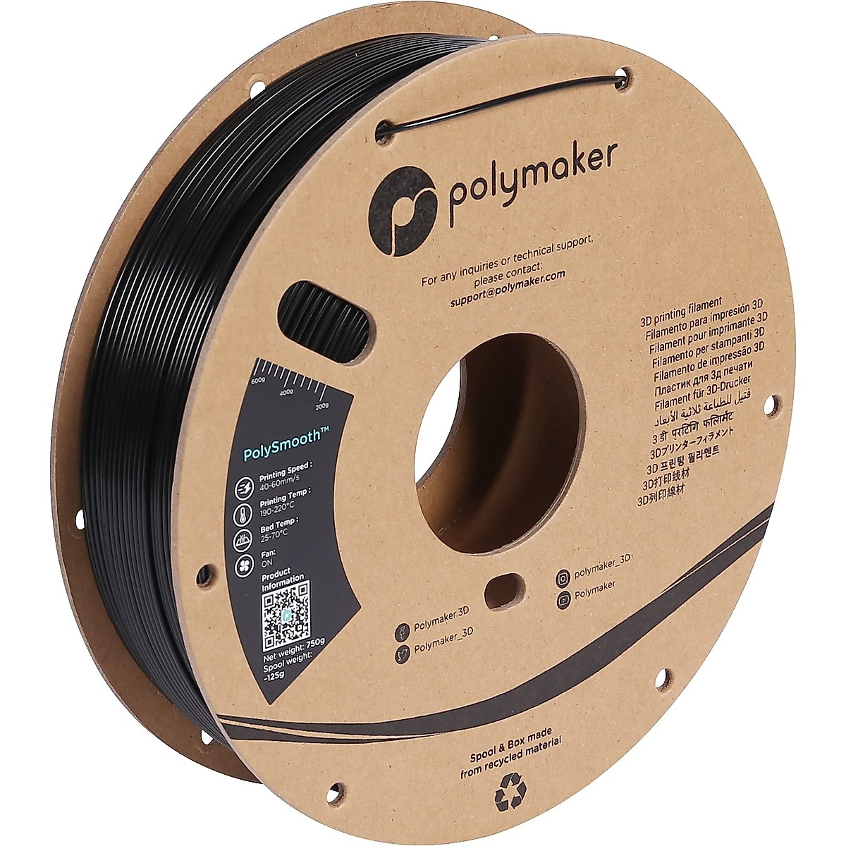 Polymaker PolySmooth PVB Filament 1.75mm Black Filament, 750g Cardboard Spool - Black PVB Filament Print Like PLA Filament 1.75, Easy Smoothable Post Process with IPA Alcohol, Work with Polysher