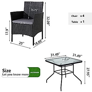 Shintenchi Outdoor Patio Furniture 5-Piece Indoor Outdoor Wicker Dining Set, Square Tempered Glass Top Table with Umbrella Hole and 4 Chair Set， Black