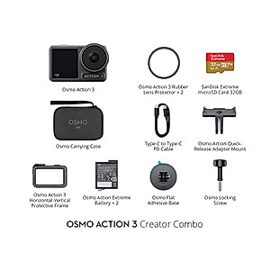 DJI Osmo Action 3 Creator Combo, Action Camera 4K + 155° Super-Wide FOV, 10-Bit Color Depth, Stabilization, Cold Resistant, 2 Batteries and 32GB microSD Card, Mini Action Camera for Vlog