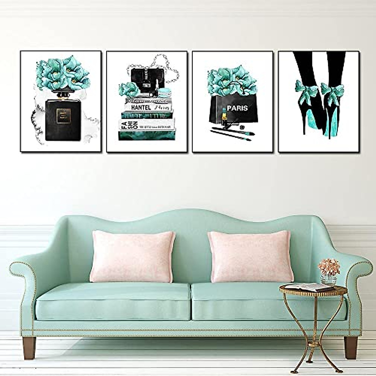 YOWOCAL Fashion Woman Wall Art Canvas Print Poster,8"x12" perfume Handbags High Heels With Flowers Drawing Decor for Living Room Bedroom Girls Dorm Make Up Room(Set of 4,Unframe)