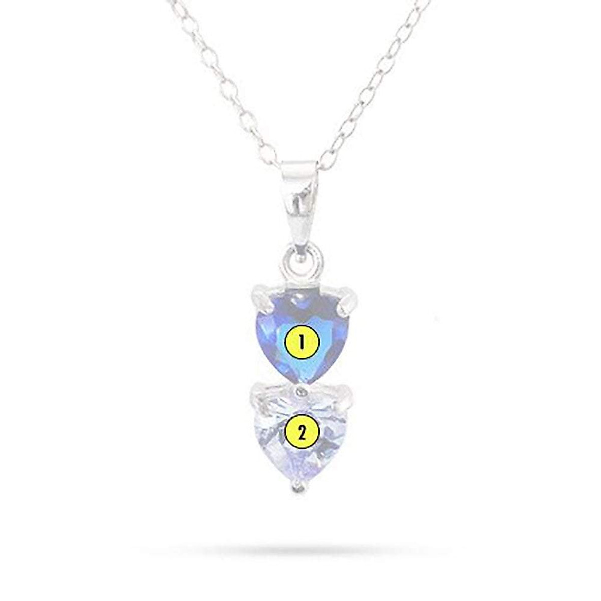 2 Stone Simulated Birthstone Heart Necklace (16"), 925 Sterling Silver Heart Drop Necklace for Women - Personalized Necklaces - Gifts for Mom