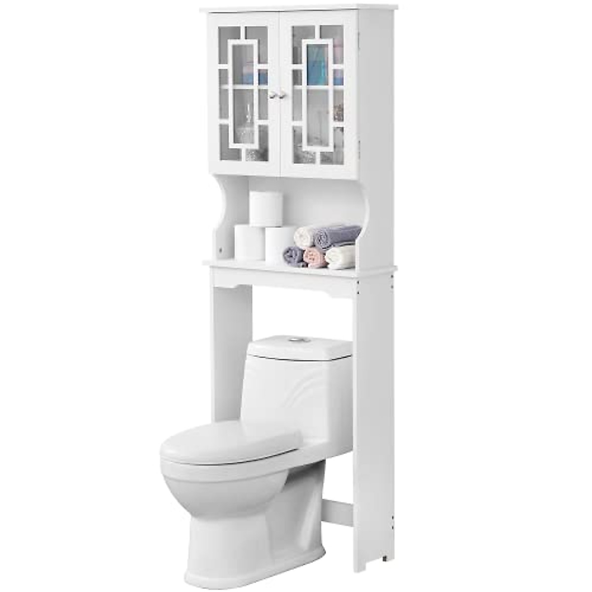 RICHRYCE Over-The-Toilet Storage, Wooden Bathroom Organizer, with 2 Glass Doors & Adjustable Shelf,Over Toilet Cabinets for Bathroom，67.1''L x 23.6''W x 8.5''H,(White)