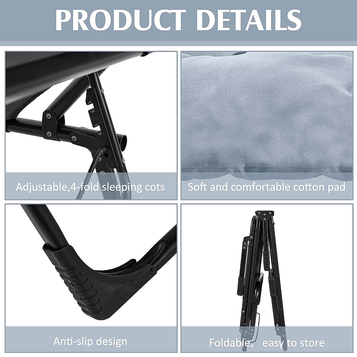 4 Position Reclining Chaise Lounge Chair with Mattress and Pillow for Outside, Folding Camping Cot for Adults, Portable Foldable Sleeping Bed Lounger Outdoor for Patio Yard Lawn Beach Pool Sun Tanning