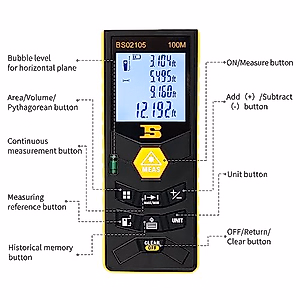 B BOSI TOOLS Laser Measurement Tool, High Accuracy 328FT Digital Laser Measure Distance Meter, Unit Switching with Backlit LCD and Bubble Level Hand Strap Battery for Area Volume Measurement M/in/Ft