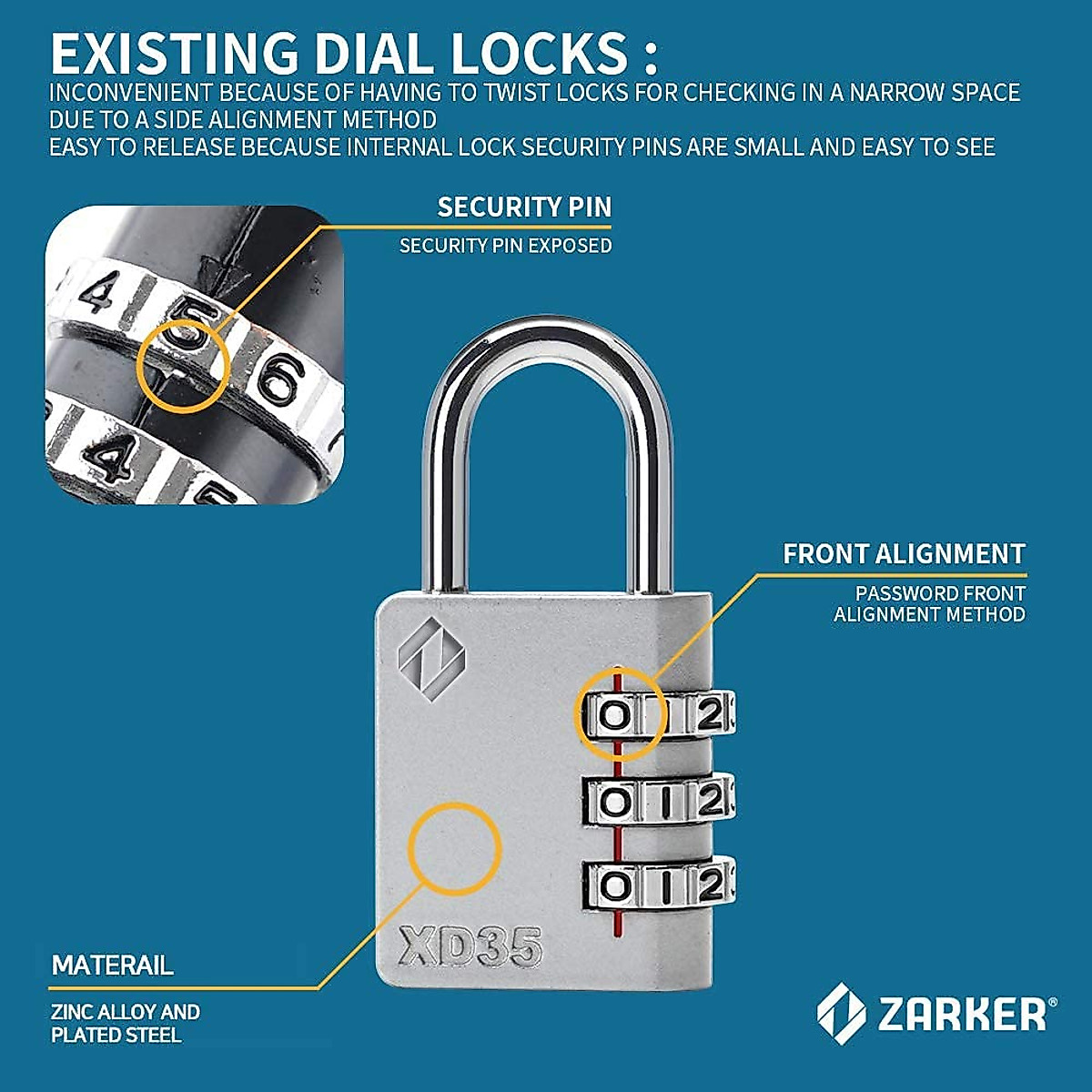 Zarker XD35 Combination Lock, 3-Digit Padlock for School Gym Sports LockerLock, Fence, Toolbox, Case, Hasp Storage (1-Pack, Emerald)