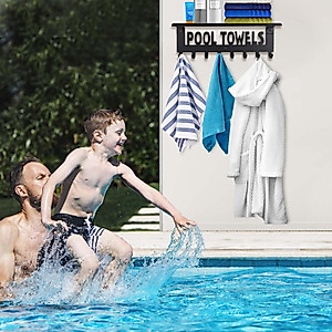 Kuhome Pool Towel Racks with Shelf Outdoor Pool Decor Wall Mount Towel Hooks Towel Holder with 8 Hooks Black Towel Storage Hanger Organizer for Bathroom Pool Accessories