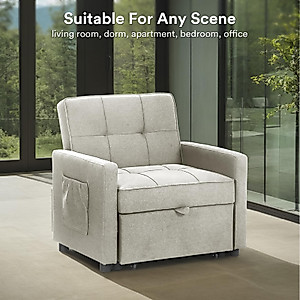 Rovibek Pull Out Sofa Chair 3 in 1 Convertible Sleeper Chair Bed Single Sofa Bed Chair Linen Sleeper Chair with Adjustable Backrest, Easy Assembly, White