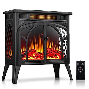 Rintuf Electric Fireplace Stove, 1500W Freestanding Electric Fireplace Heater w/ 3D Realistic Flame, LCD Display, Remote Control, Timer, Vintage Design, Fast Heating Fireplace Heaters for Indoor Use