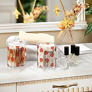 Vnurnrn Clear Plastic Jar Set for Cotton Ball, Cotton Swab, Cotton Round Pads, Floss, Strawberries Bathroom Canisters Storage Organizer, Vanity Makeup Organizer,2Pack