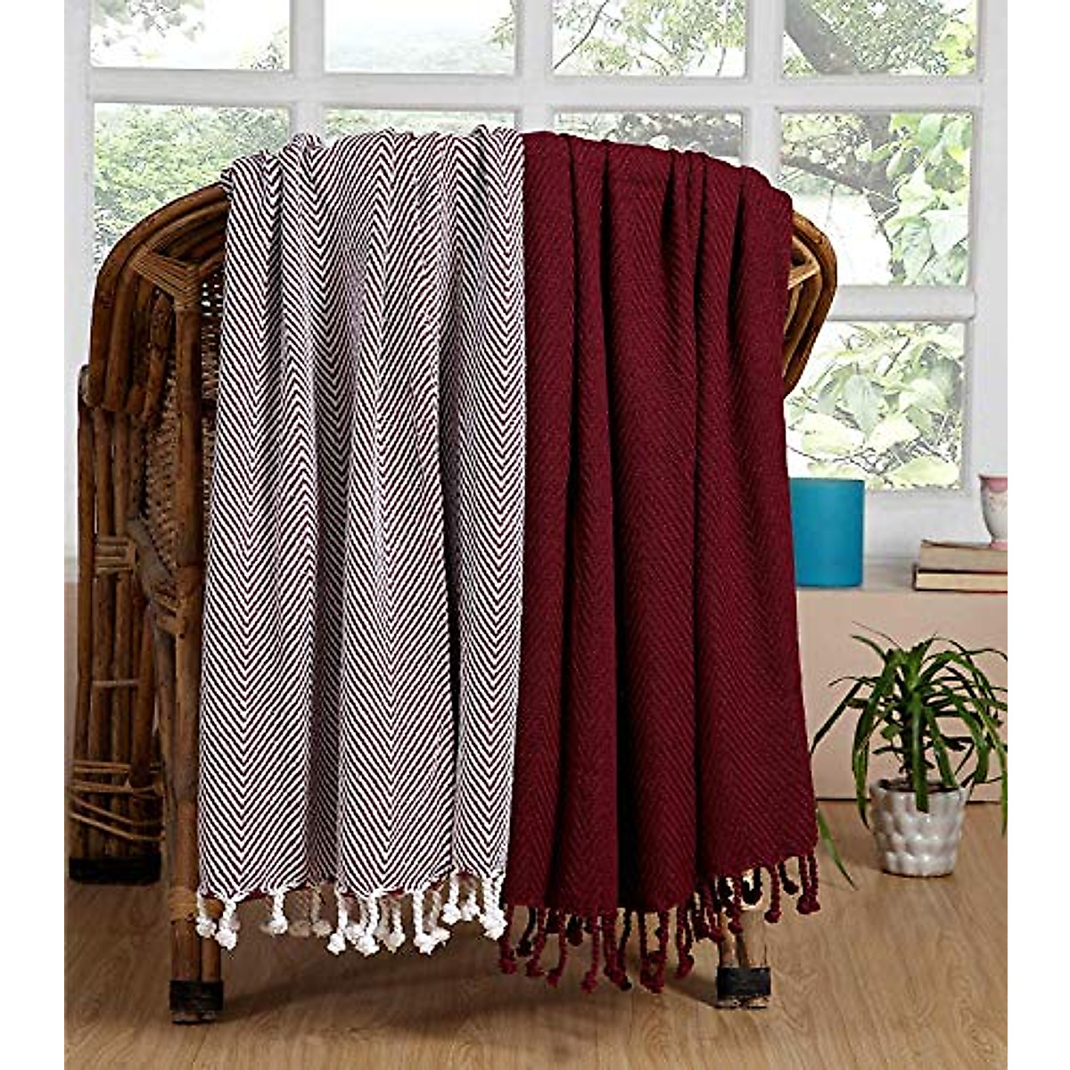 Cozy Home Collection Luxurious Hand Woven Cozy Warm 100% Cotton All Season Light Weight Couch Chair Bed Decorative Throw Blankets Chevron 50x60 Inch Set of 2 (Burgundy)
