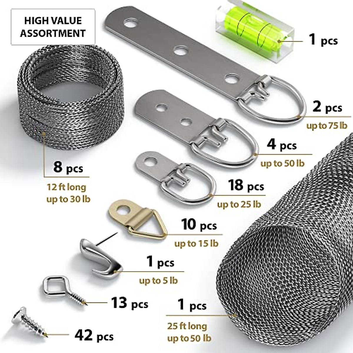 Picture Wire Hanging Kit 100+ Pieces - D-Ring, Screws, Hanging Hooks,Level. Supports up to 50 lbs 120+ Feet(38 M) Stainless Steel Wire Hanger | Comes with Solid Box