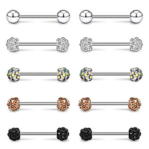 CrazyPiercing 10Pcs CZ Tongue Rings 16G Tongue Piercing with Straight Stainless Steel Barbell Bar Piercing Jewelry 14mm Length