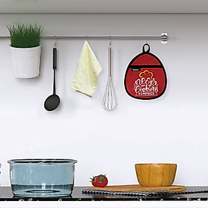 Alselo Pot Holders and Kitchen Towel, Heat Resistant Potholder 4 Piece with Microfiber Towel 1 Piece, Funny Baking Theme Hot Pats Festive Gift Oven Mitts for Cooking Baking BBQ (Dull-red, 5)