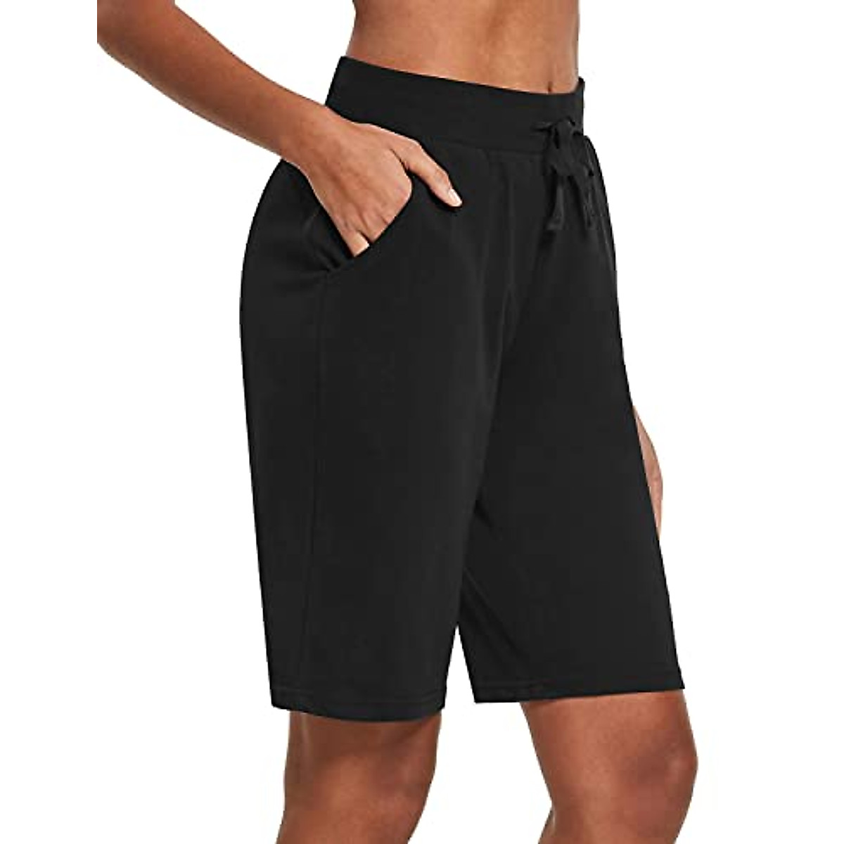 BALEAF Womens Exercise,Basketball,Fitness,Jogging,Walking,Running,Workout,Gym,Yoga Sweat Shorts Long Cotton Bermuda Summer Casual Drawstring Shorts with Pockets, Medium, Black