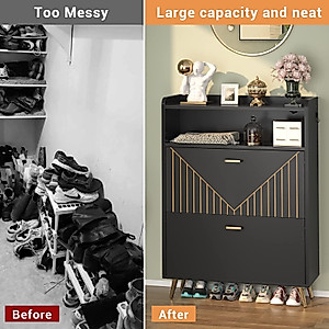 Aheaplus Shoe Cabinet with Flip Doors, Shoes Storage Organizer with Motion Sensor Led Light, Entryway Wood Freestanding Tipping Bucket Shoe Rack with Open Shelves for Closet, Living Room, Black