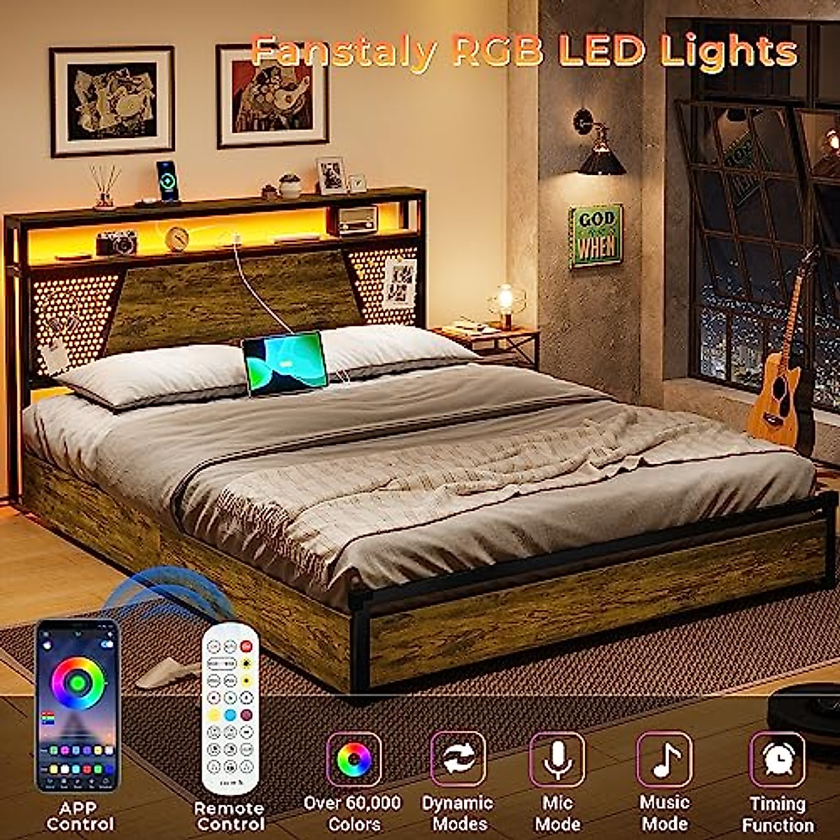 ADORNEVE LED Queen Bed Frame with Storage Headboard, Metal Platform Bed with Charging Station, Bed Frame with 4 Drawers, Storage Shelves, No Box Spring Needed,Noise-Free,Vintage Brown