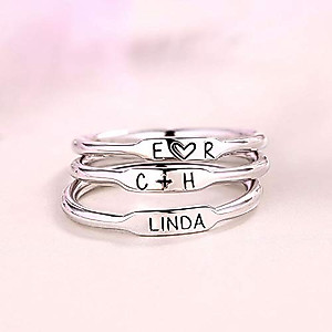 YCHZX Personalized Initial Stackable Bar Name Rings Set Engraved Family 1-6 Names Ring Sterling Silver 925/ Brass Rings for Women Men (Silver)