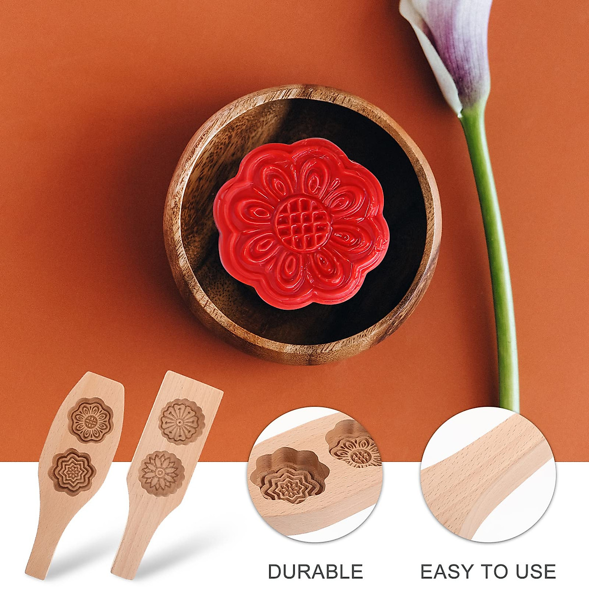Yardwe 2pcs Wooden Cookie Molds Chinese Traditional Mid- autumn Festival Moon Cake Mold Handmade Flowers Cookie Stamp Baking Supplies for Muffin Mooncake Biscuit Pumpkin Pie