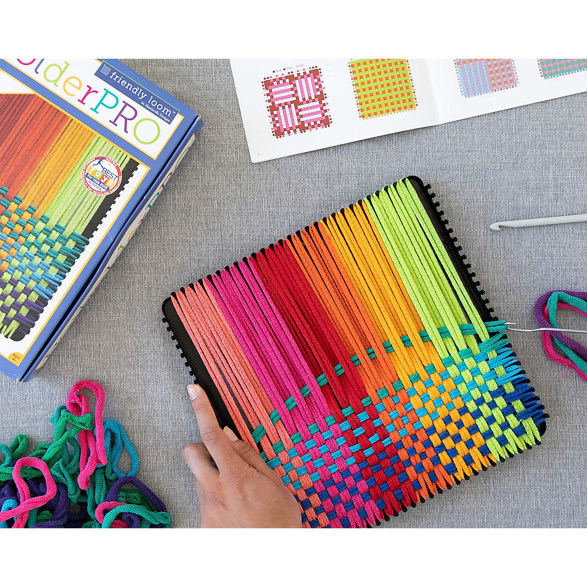 Friendly Loom 10" PRO Size Black Potholder Metal Loom Kit with Bright Rainbow Color Cotton Loops to Make 2 Potholders, Weaving Crafts for Kids & Adults MADE IN THE USA by Harrisville Designs