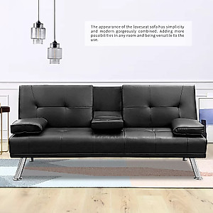 AINN 70 Inch Futon Sofa Bed, Twin Convertible Loveseat Sofa Couch, Removable Armrests Faux Leather Folding Sleeper Sofa with Cup Holder for Living Room Bedroom, Apartment and Small Space(PU, Black)