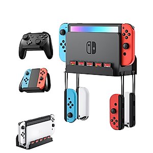ZAONOOL Wall Mount for Nintendo Switch and Switch OLED with 2 Controller Wall Holders, Metal Wall Mount Kit Stand with 5 Game Card and 4 JoyCon Shelfs, Safely Store Console Near or Behind TV, Black