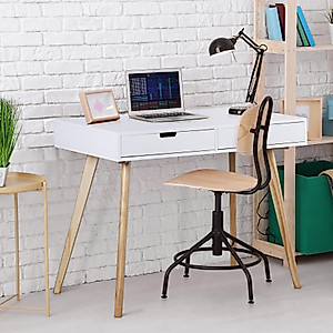 SUPER DEAL Mid Century Writing Computer Desk, Modern Home Office Laptop PC Desk with Two Storage Drawers & Solid Wood Legs, Console Table Makeup Vanity Table for Bedroom