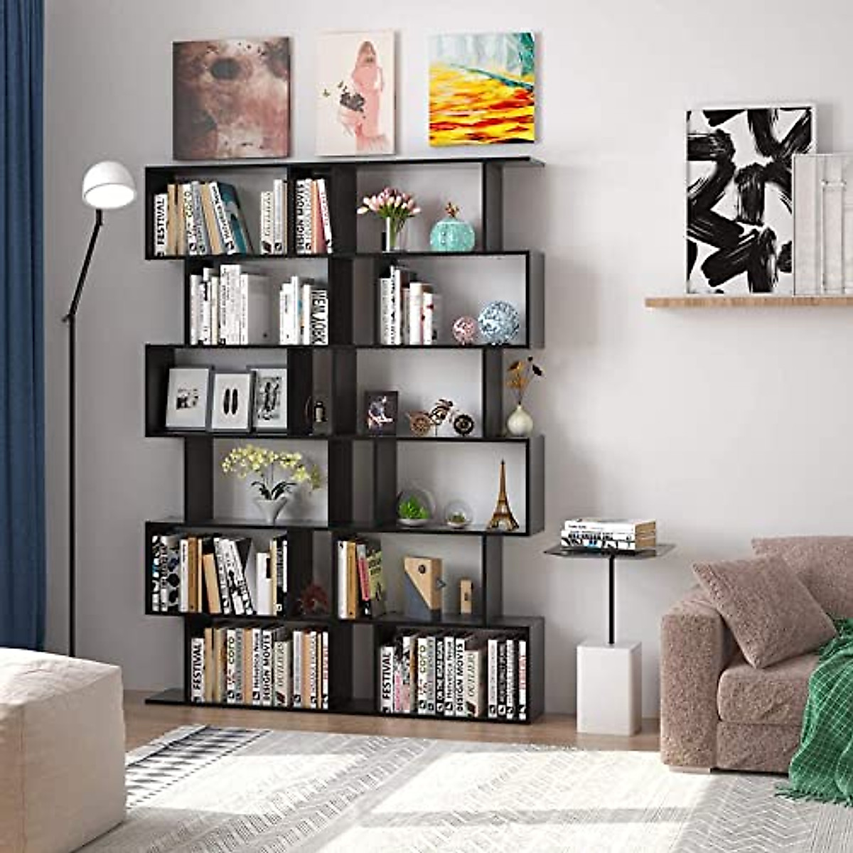 Function Home Geometric Bookcase Wood, S Shaped Bookshelf 6-Tier, Modern Freestanding Multifunctional Decorative Storage Shelving Display Shelves, Black Book Shelf Tall Narrow for Bedroom Living Room