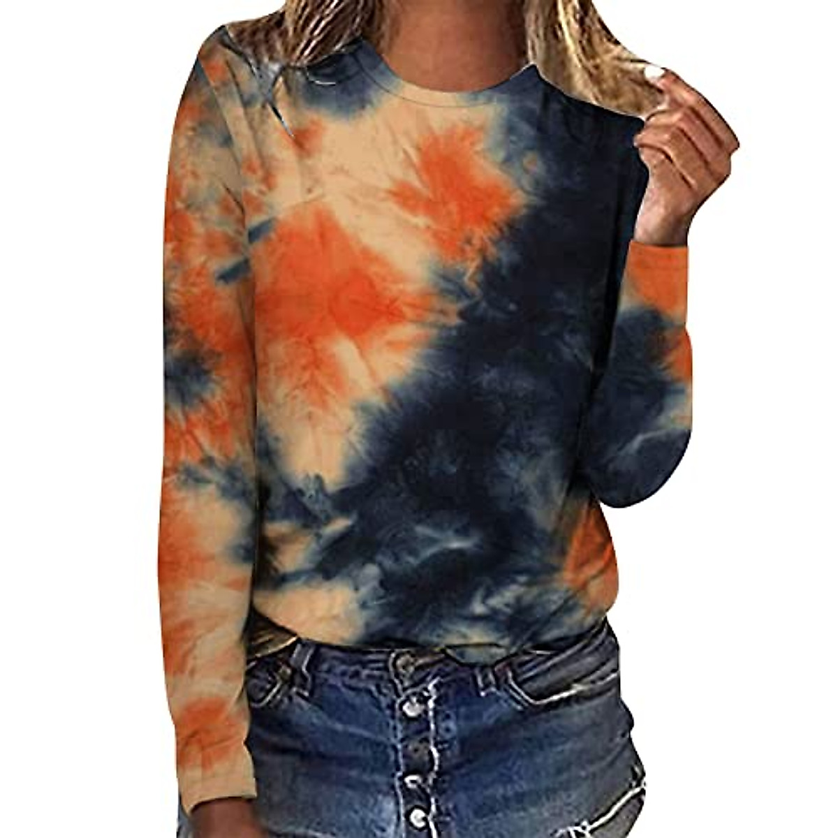 Gerichy Crop Tops for Women, Fall Clothes for Women 2023, Fall Outfits for Women, Womens Casual Tops Long Sleeve Sweatshirts Crew Neck Shirts Tie Dyed Printed Loose Blouses Orange